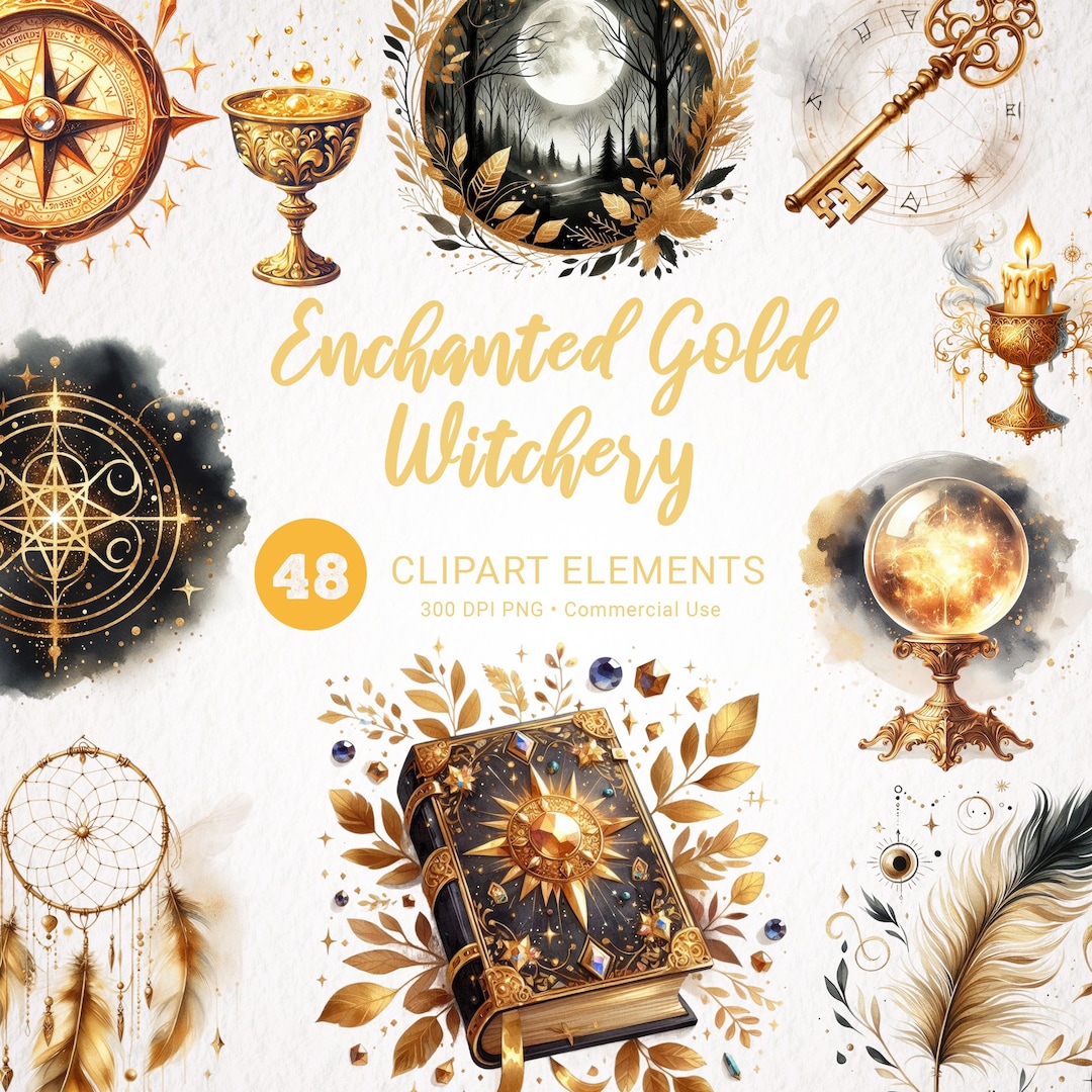 Witchcraft Clipart Bundle, Gold Witch PNG, Magic Clipart, Mystical ...
