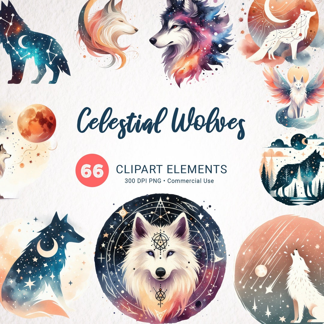 Cosmic Wolves Watercolor Clipart Bundle - Celestial Animal, Mystical ...