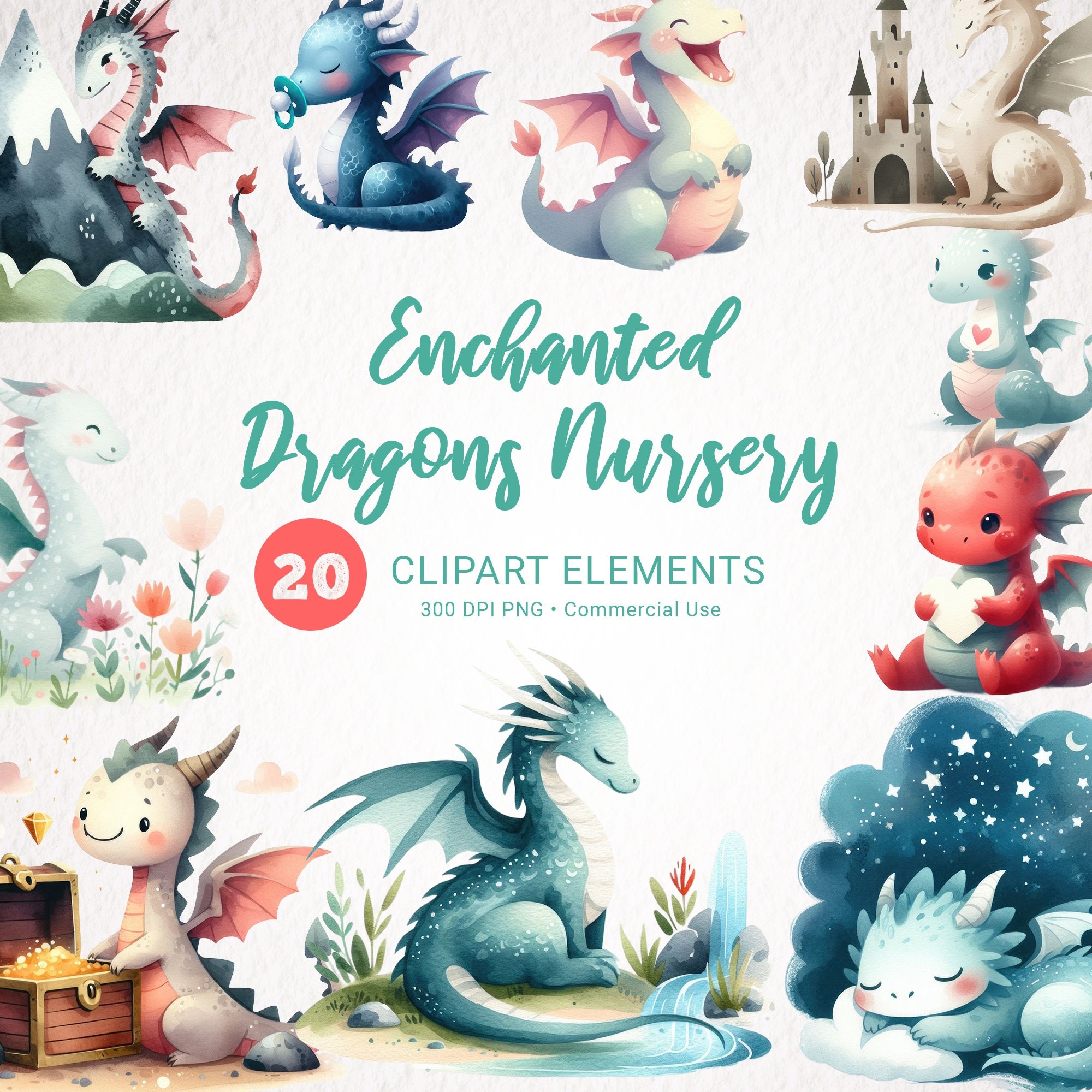 Watercolor Dragons Clipart Cute Dragon PNG for Nursery Decor & Baby ...
