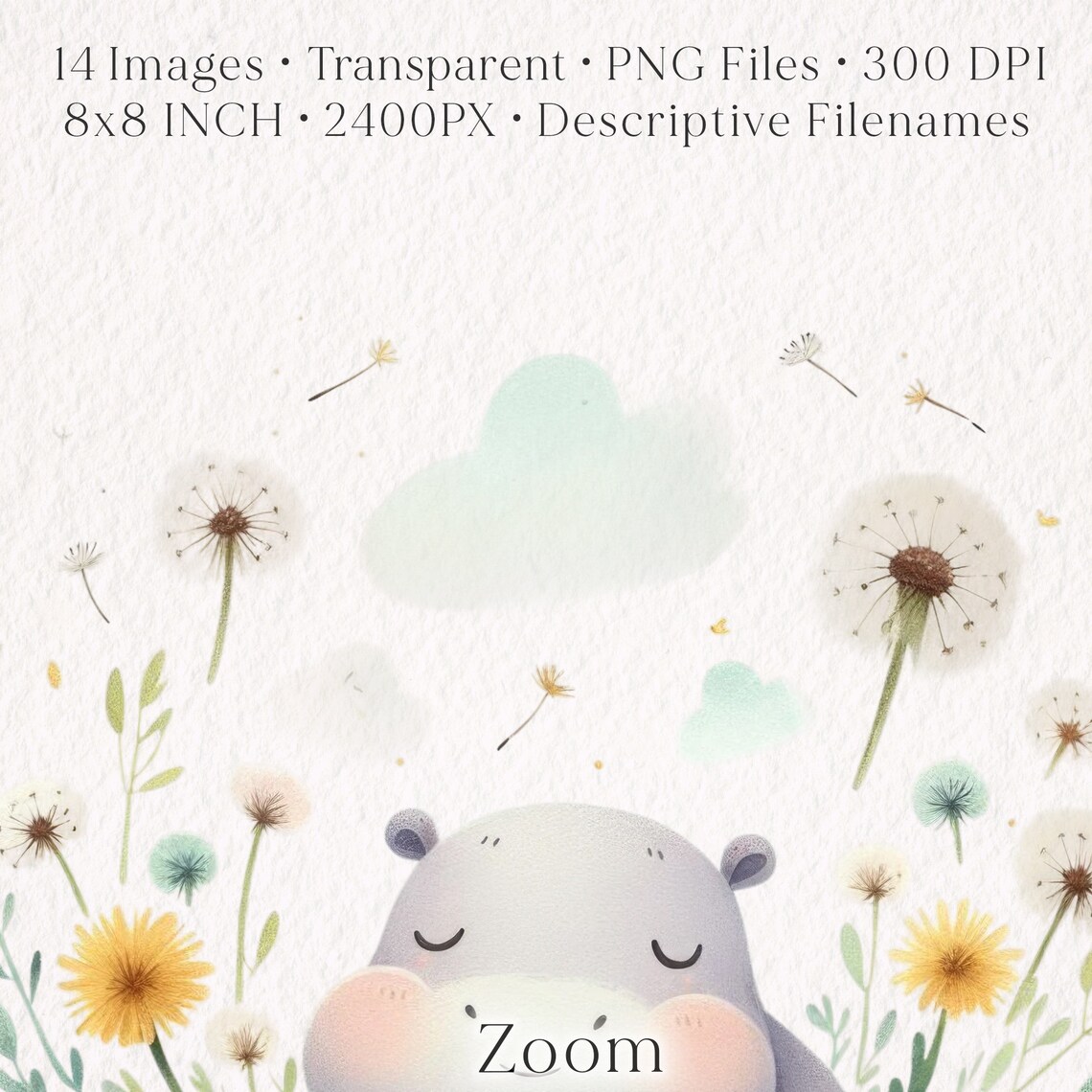 Floral Hippo Watercolor Clipart Bundle 14 PNG Images, Hippo & Flowers ...