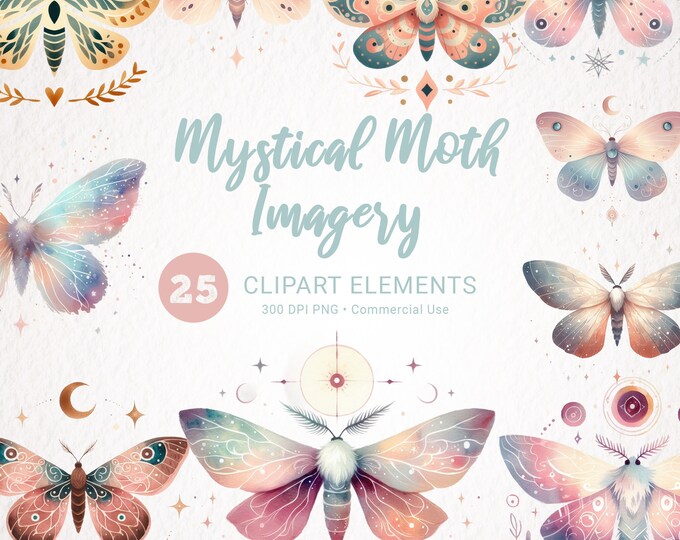 Mystical Moth Clipart Bundle Watercolor Pastel Wiccan PNG, Witchcraft ...