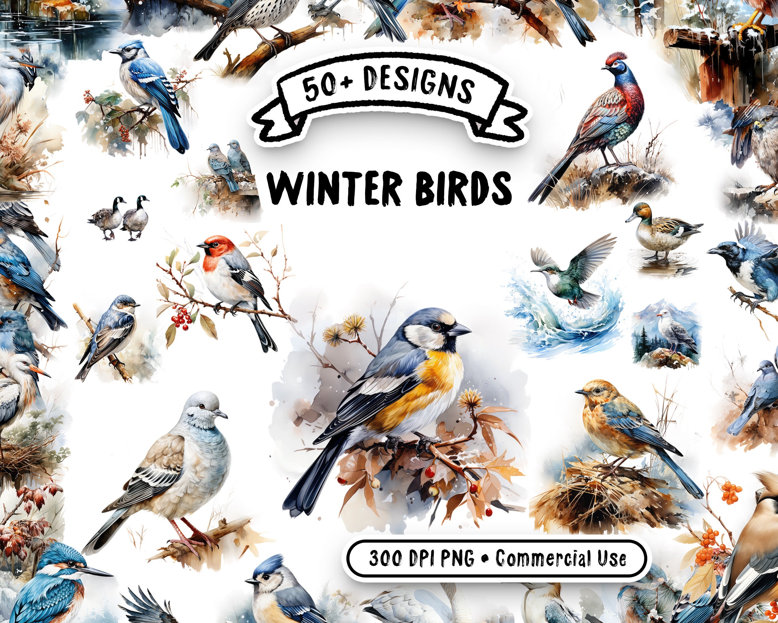 Winter Birds Watercolor Clipart Bundle 52 Transparent PNG Images, High ...