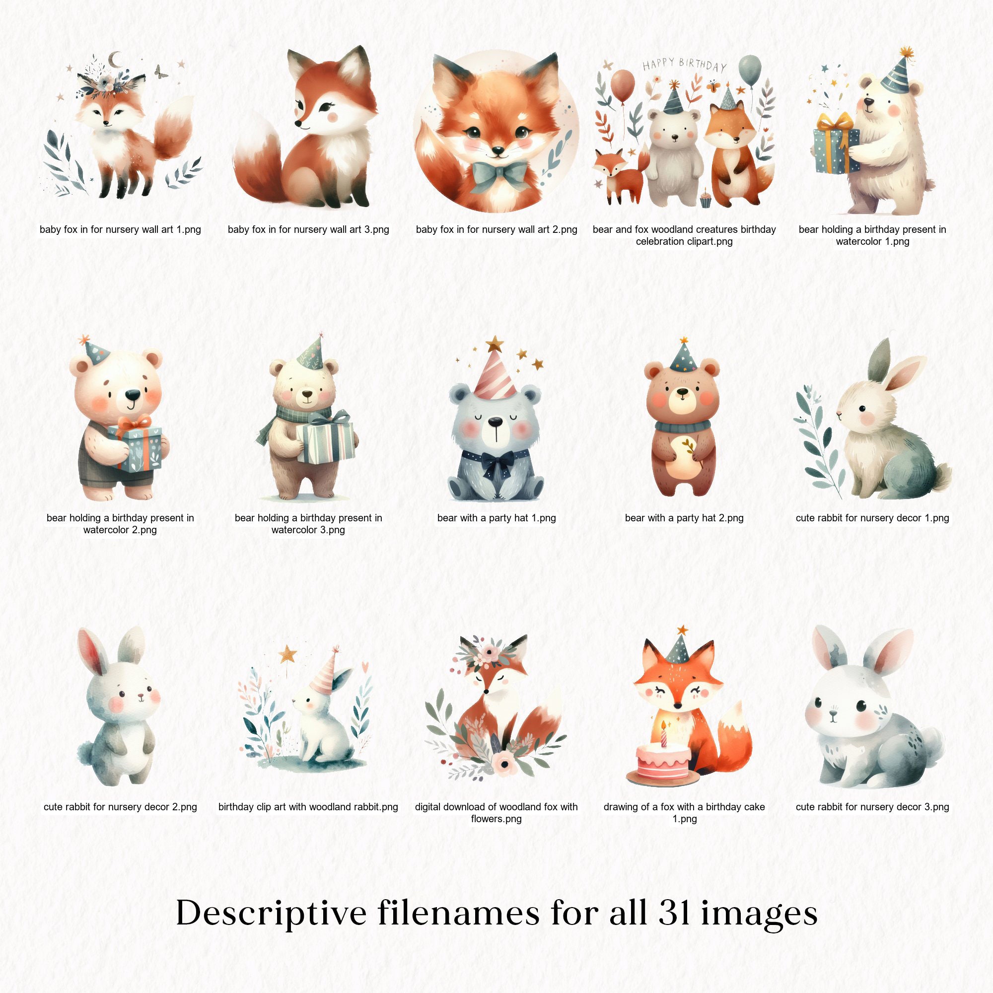 Woodland Birthday Party Clipart, Forest Animals Watercolor, Nursery ...