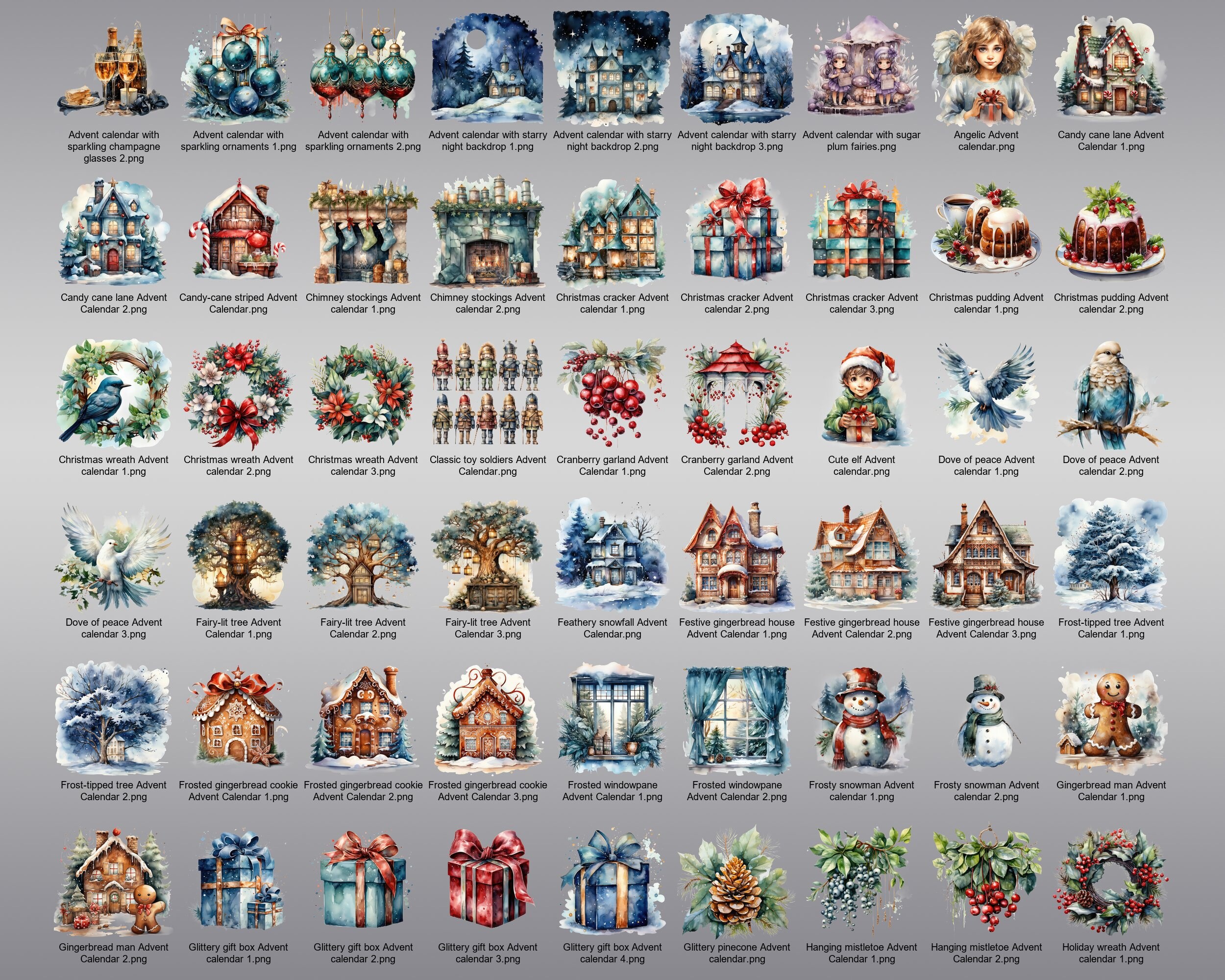 Advent Calendar Watercolor Clipart Bundle 156 PNG Transparent Images ...