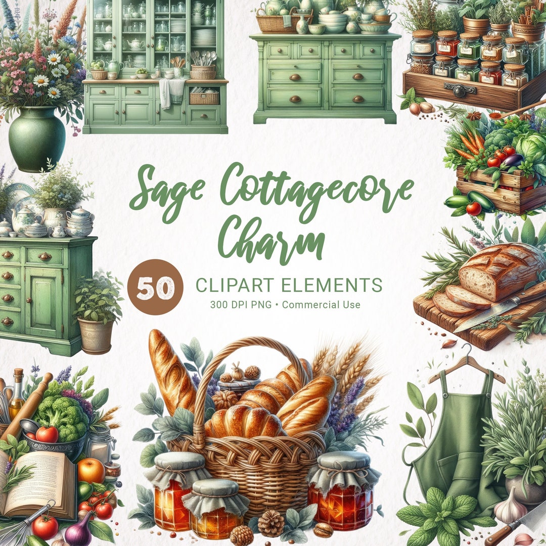Cottagecore Kitchen Clipart Bundle, Watercolour Sage Countryside, Farm ...