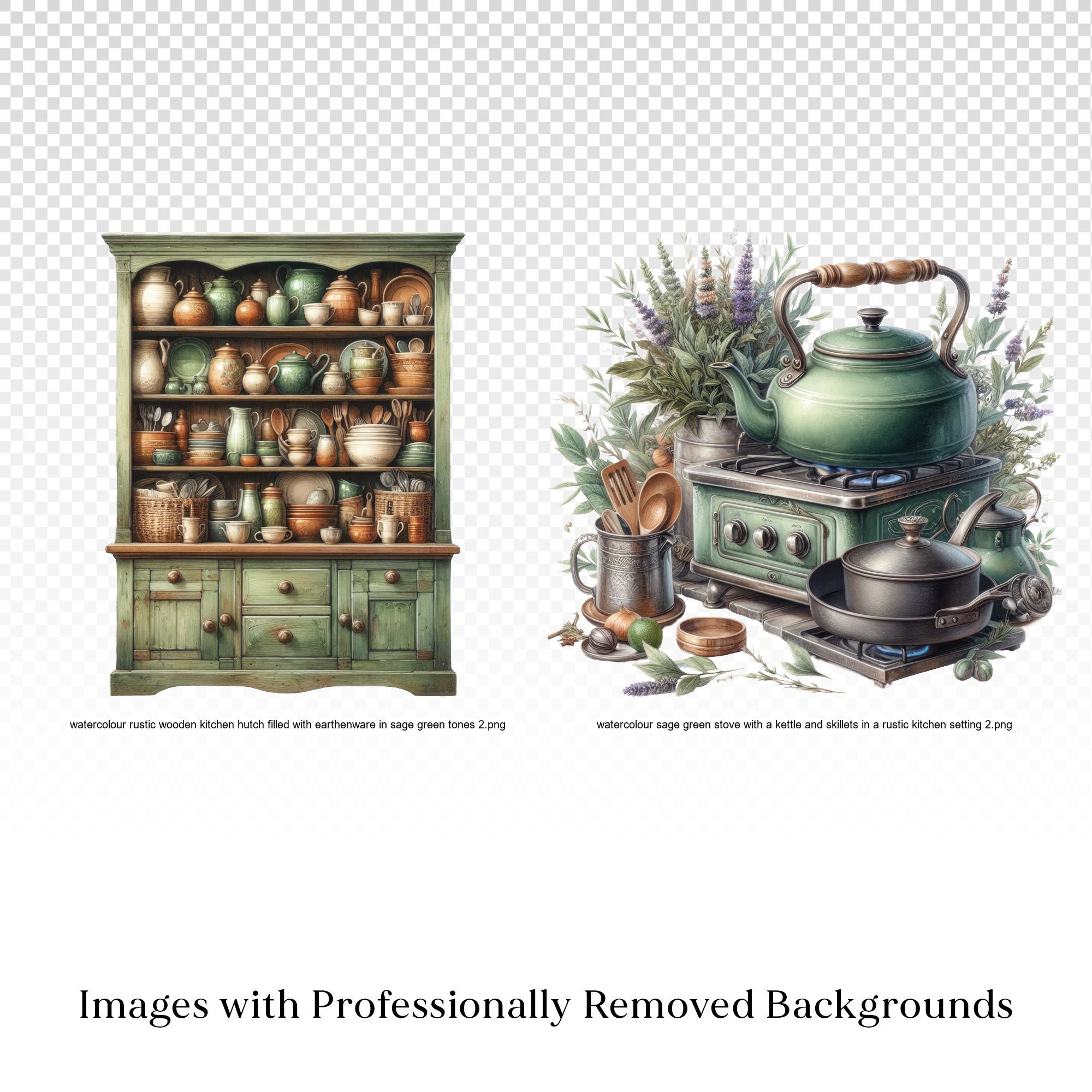 Cottagecore Kitchen Clipart Bundle, Watercolour Sage Countryside, Farm ...