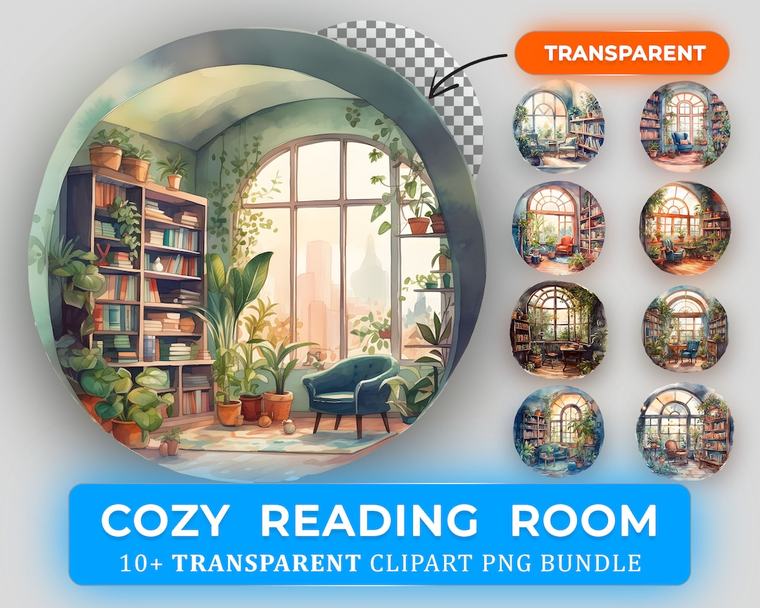 Cozy Reading Room Clipart Bundle PNG - Beautiful Watercolor Bookroom ...
