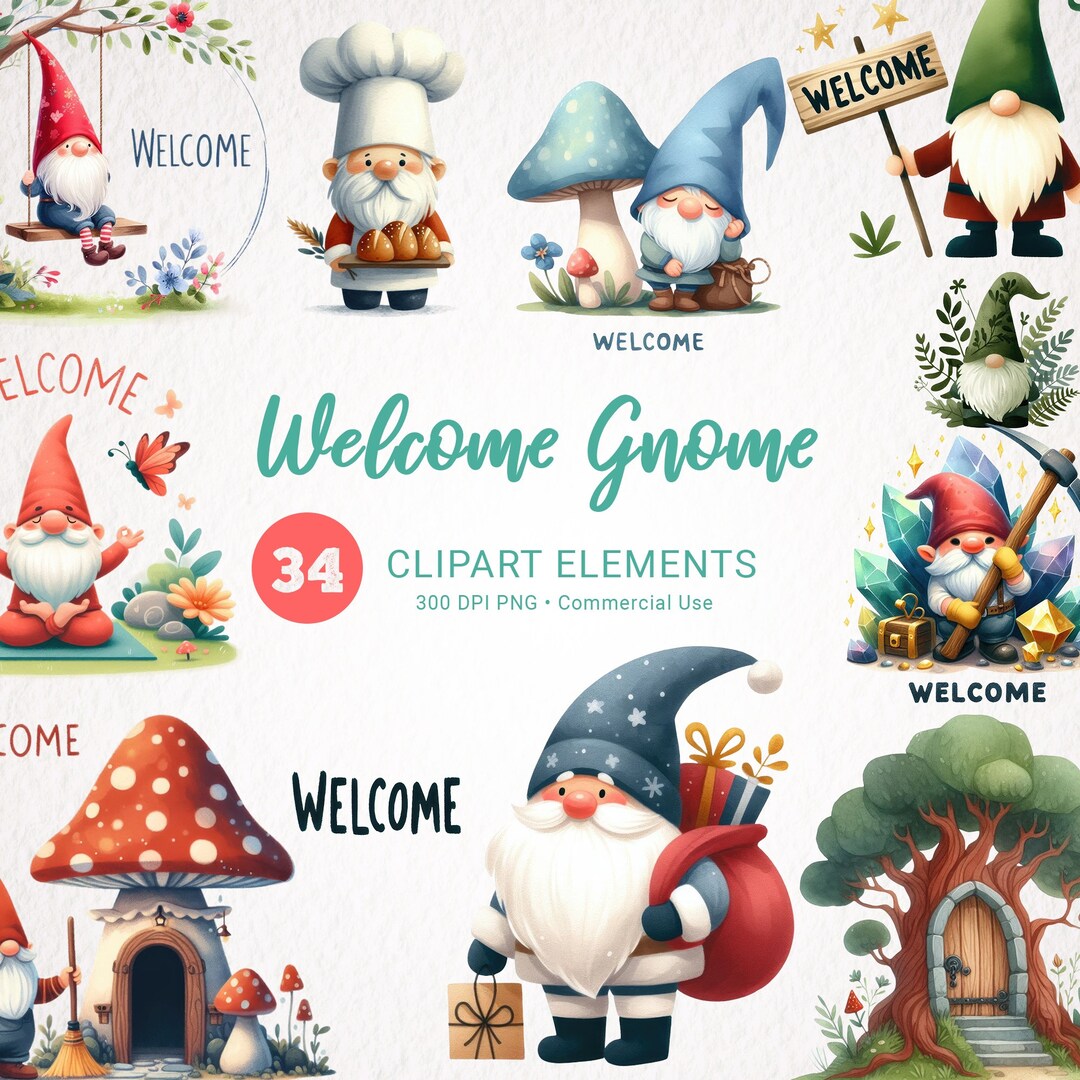 Welcome Gnome Watercolor Clipart Bundle - 34 Transparent PNG Images for ...