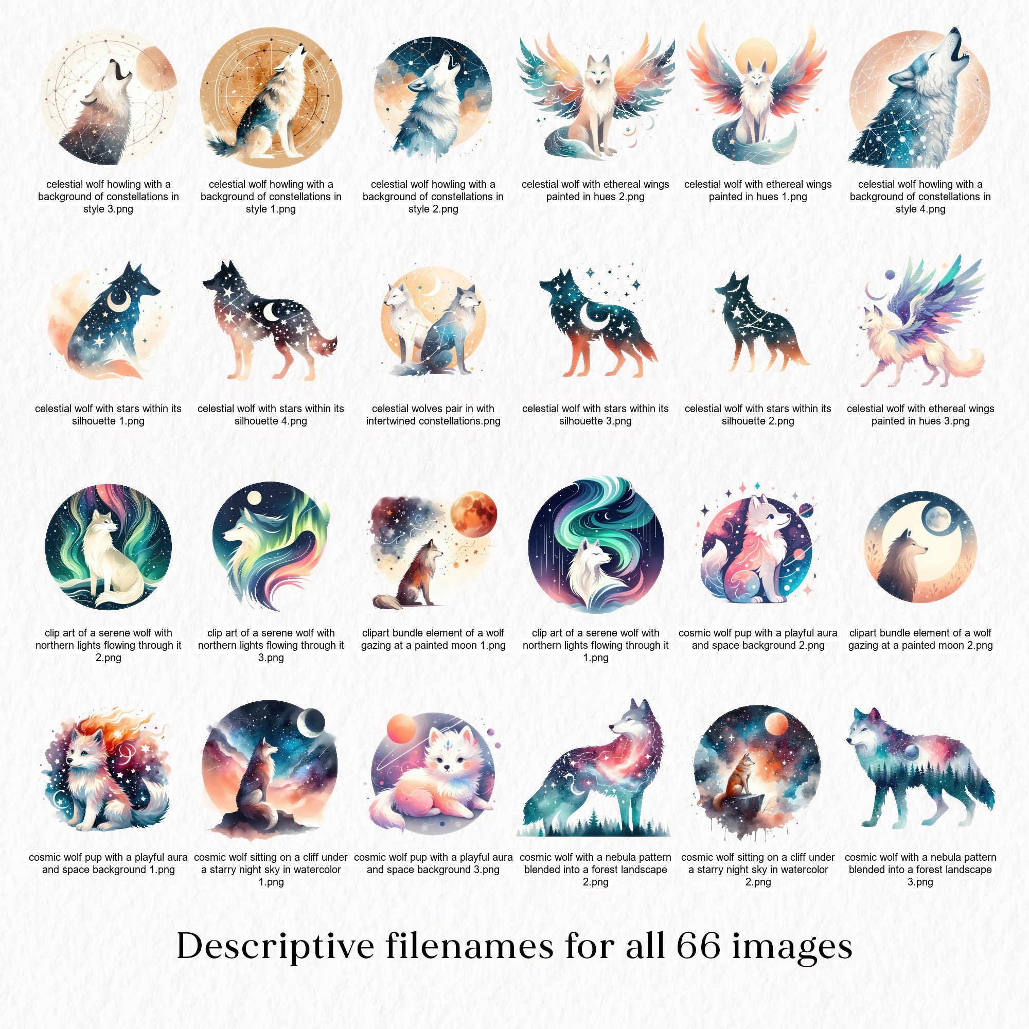Cosmic Wolves Watercolor Clipart Bundle - Celestial Animal, Mystical ...