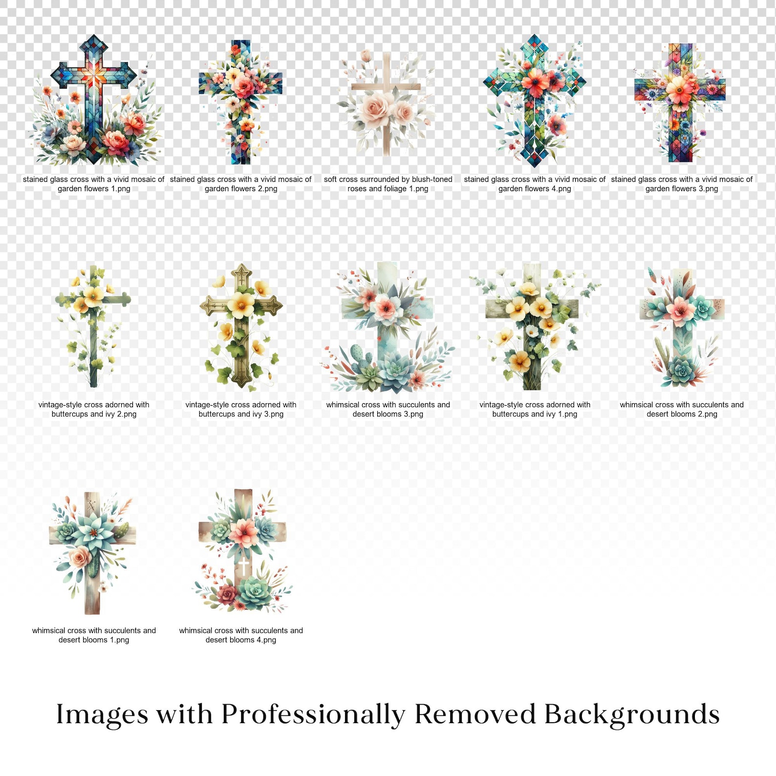 Watercolor Flower Cross Clipart Floral Cross Watercolor PNG Bundle ...