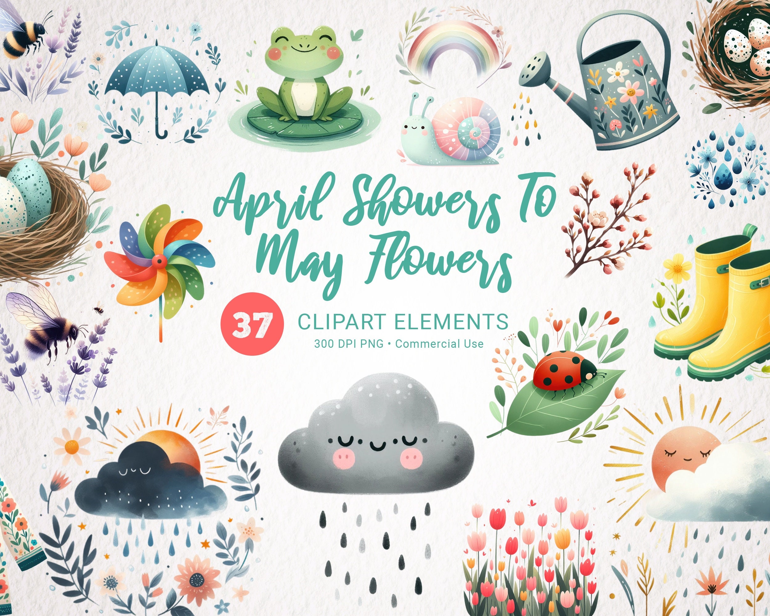 April Showers to May Flowers Watercolor Clipart 37 PNG Big Bundle, High Quality, Instant ...