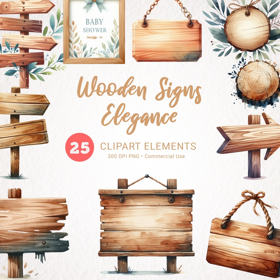 Hand Painted Watercolor Wooden Signs Clipart - Instant Download Digital ...