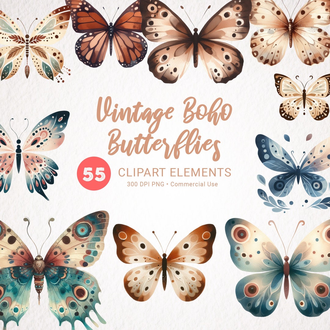 Butterfly Clipart Watercolor Brown PNG, Vintage Boho Butterflies Clip ...
