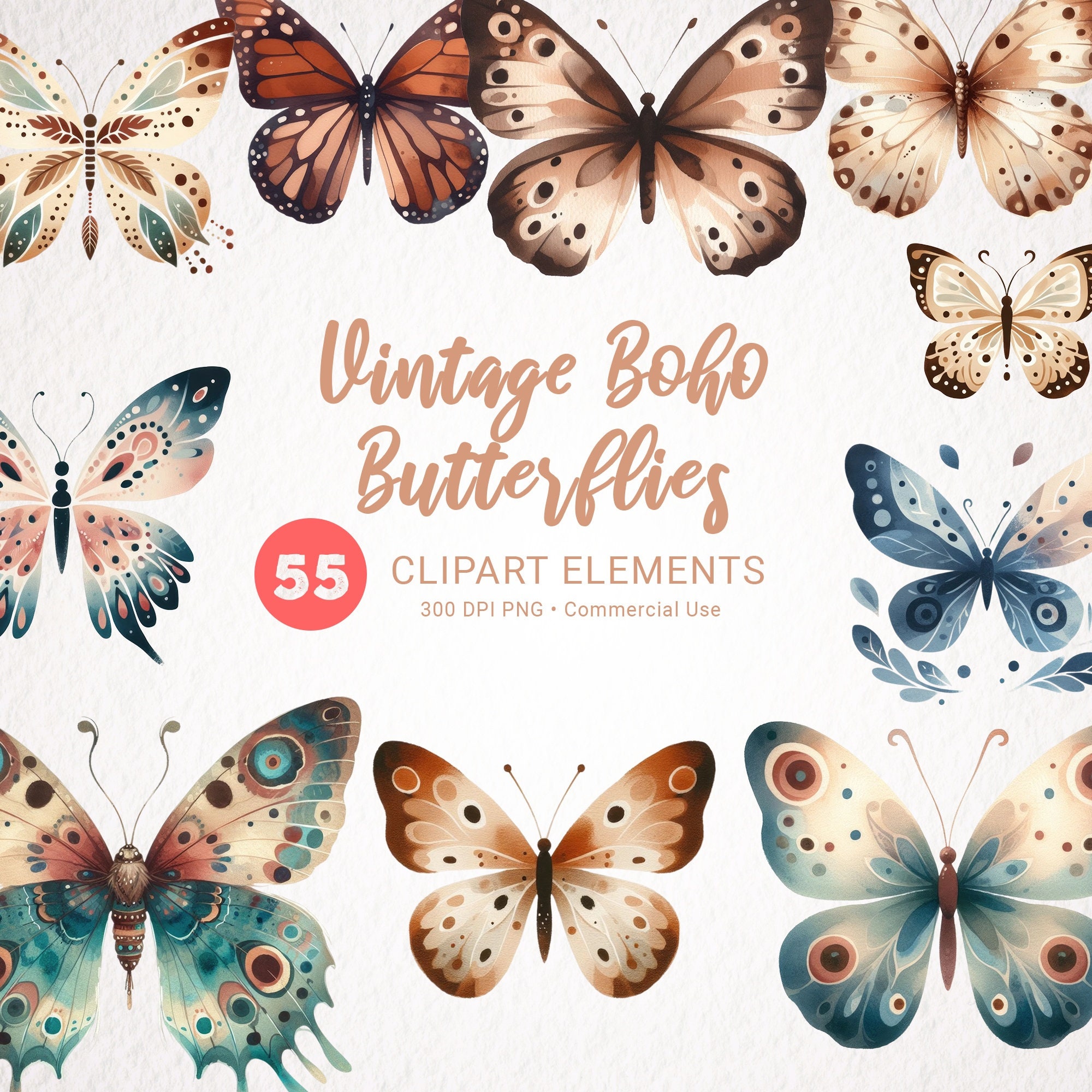 Butterfly Clipart Watercolor Brown PNG, Vintage Boho Butterflies Clip ...