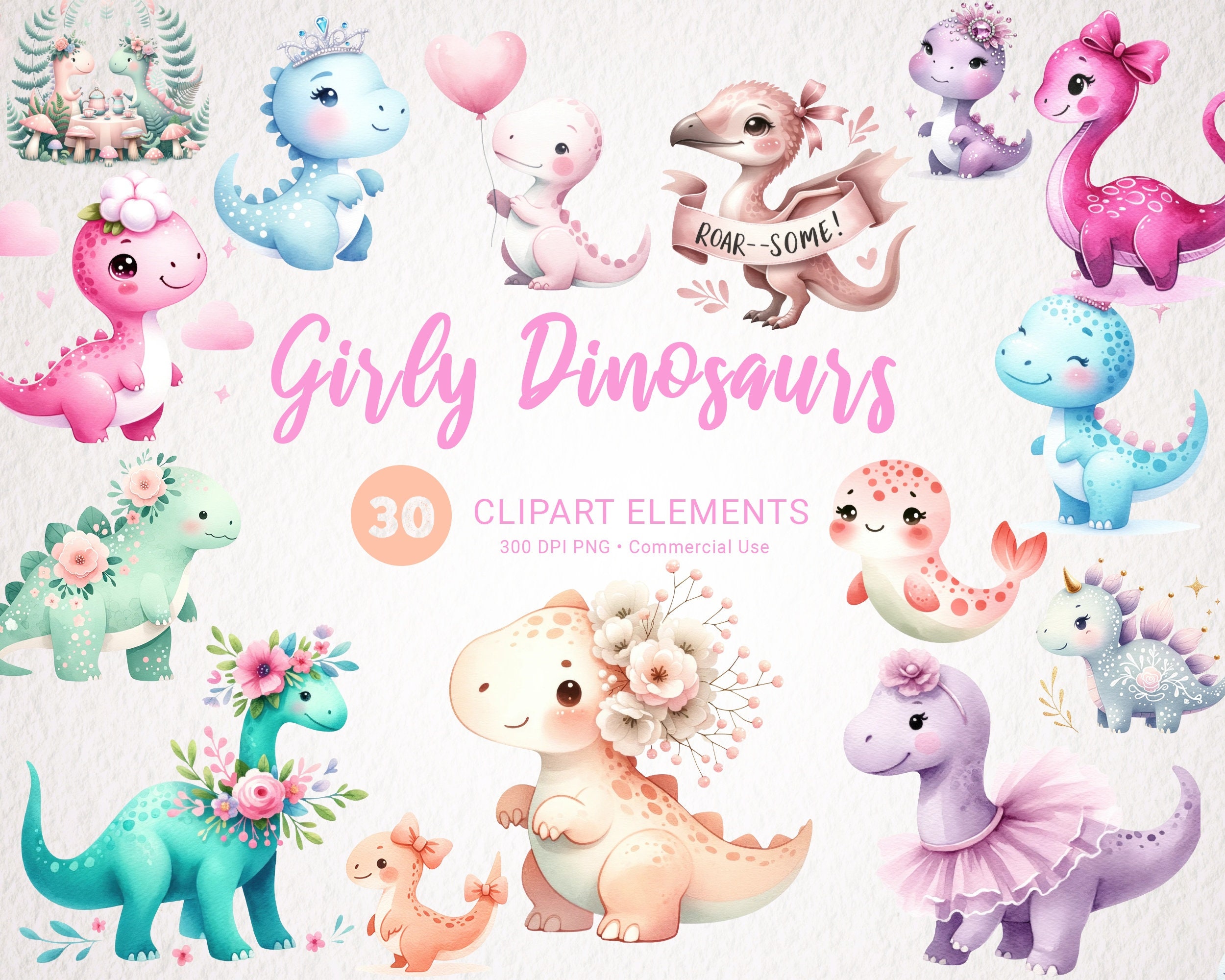 Girly Dinosaurs Watercolor Clipart 30 PNG Big Bundle With Transparent ...