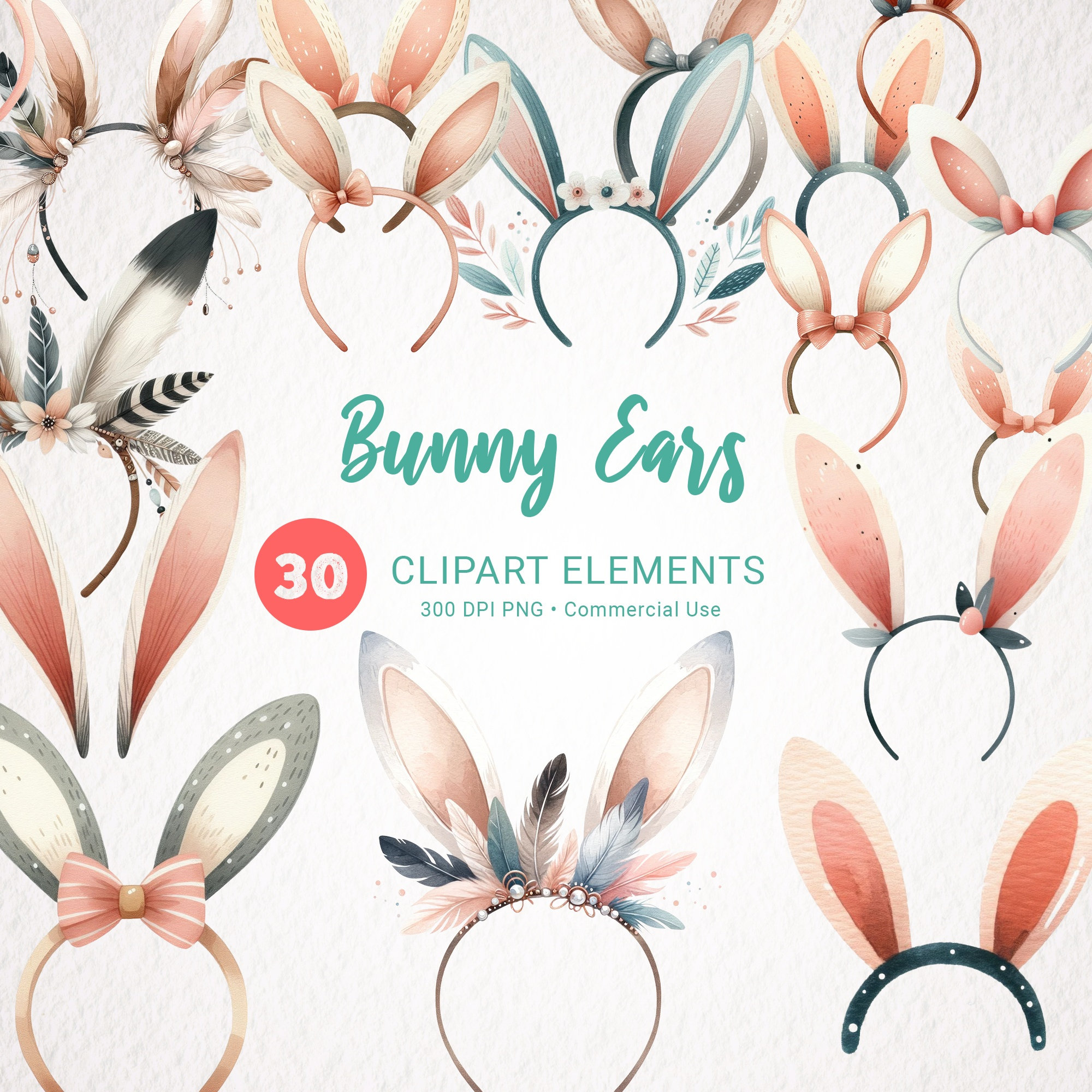 Bunny Ears Watercolor Clipart Bundle 30 PNG Images, Feathered & Beaded ...