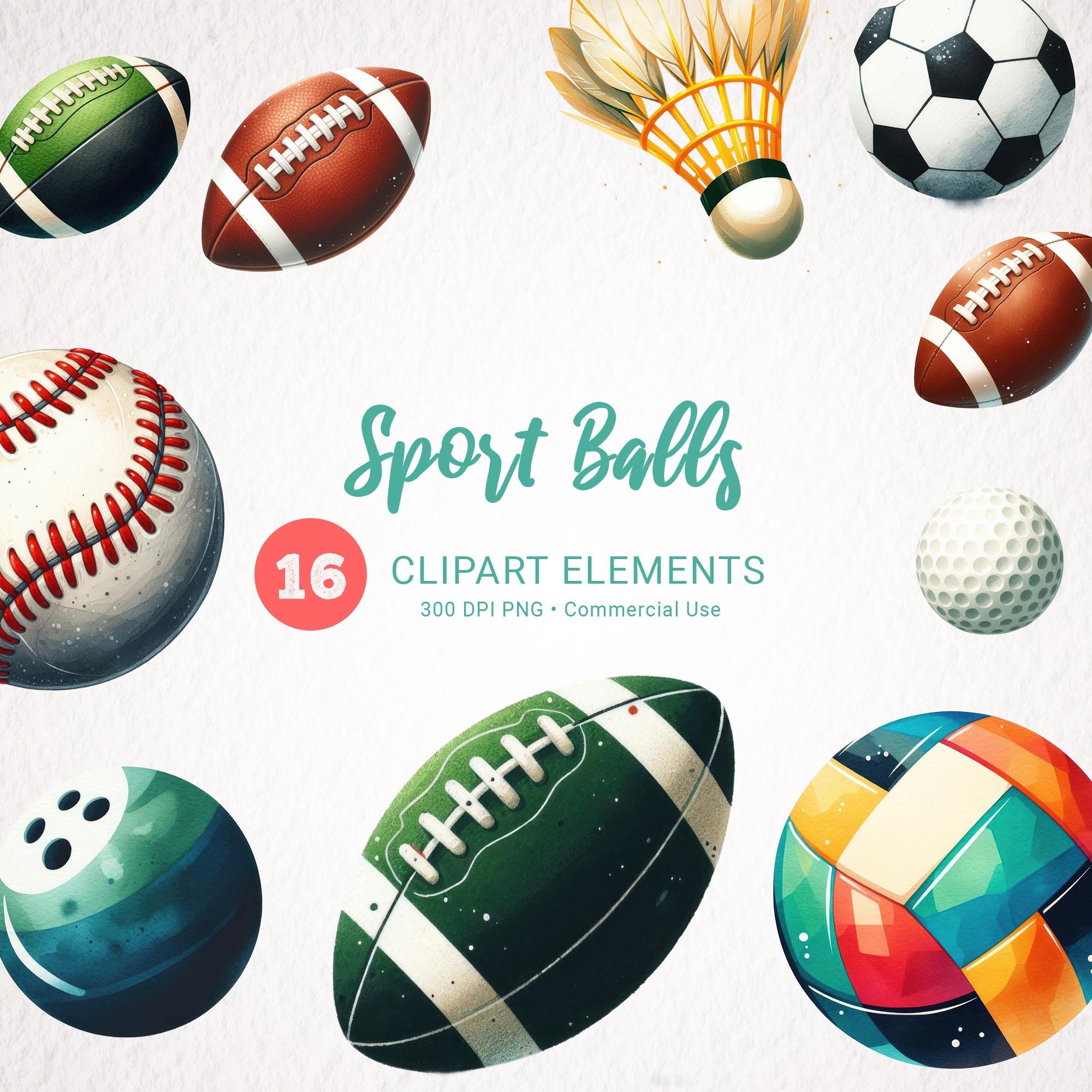 Sport Balls Watercolor Clipart Bundle 16 Transparent PNG Images, High ...