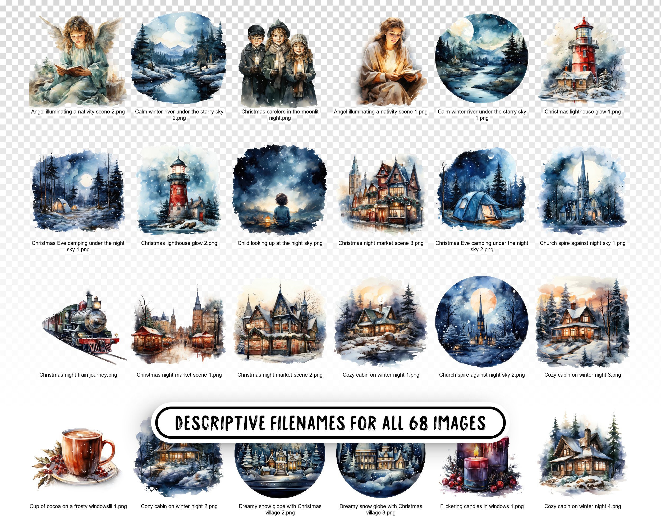 Christmas Night Watercolor Clipart Bundle 68 High Quality Pngs, Holiday ...