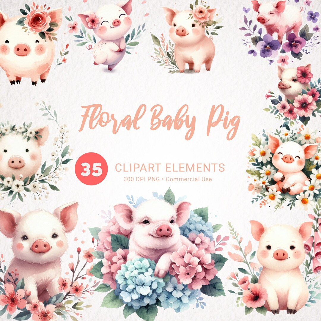 Watercolor Baby Pig Clipart - Cute Floral Farm Animal PNG, Baby Piggy ...