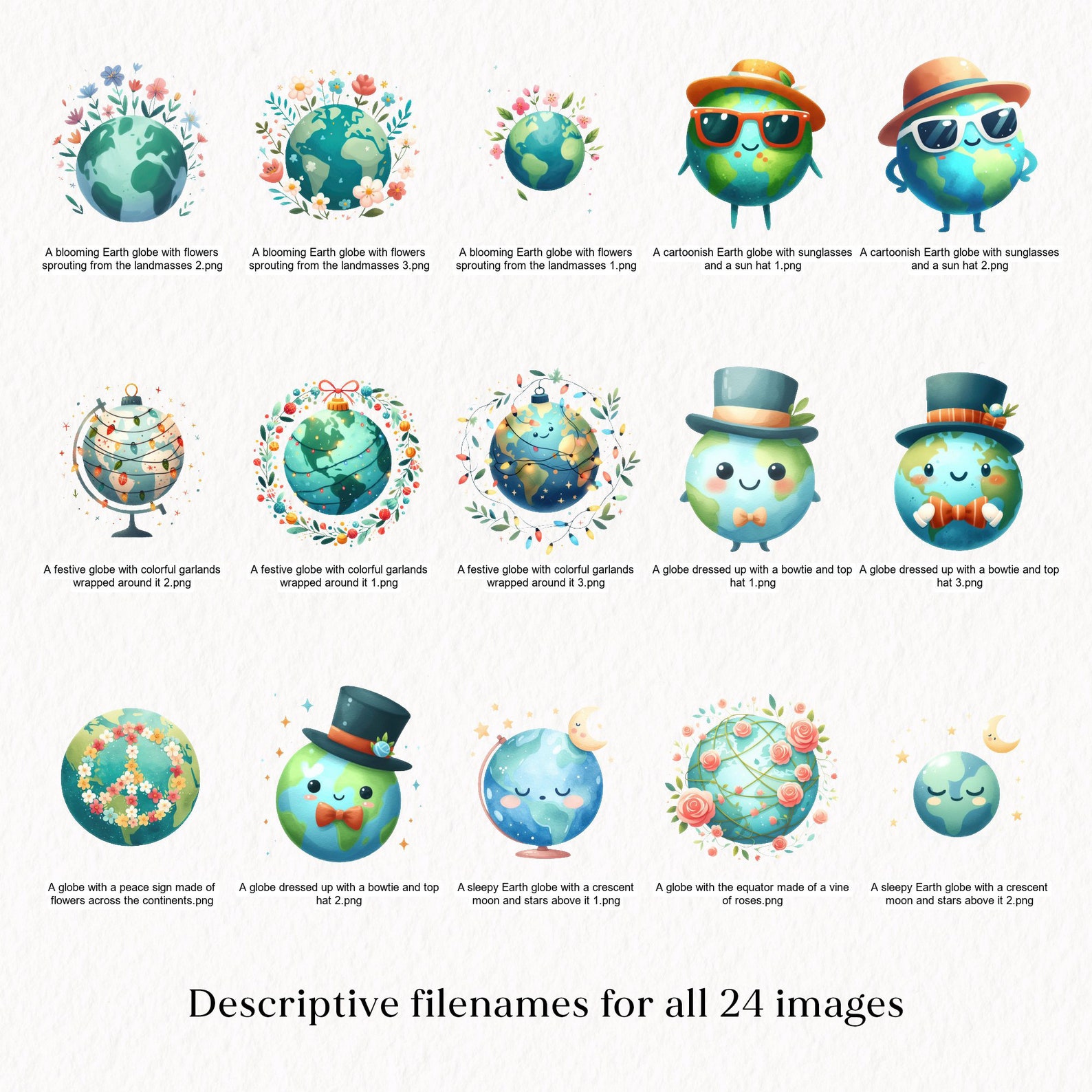 Cute Earth Globe Watercolor Clipart Bundle 24 HQ Transparent PNG Images ...