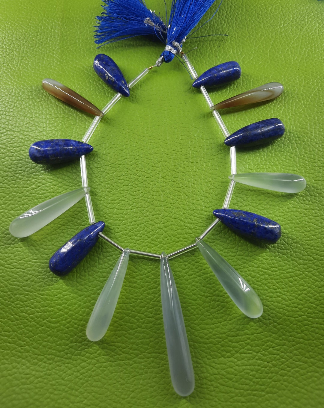 8 Strand Aqua Chalcedony Drop Shape Gemstone Lapis Copper Smooth Long ...