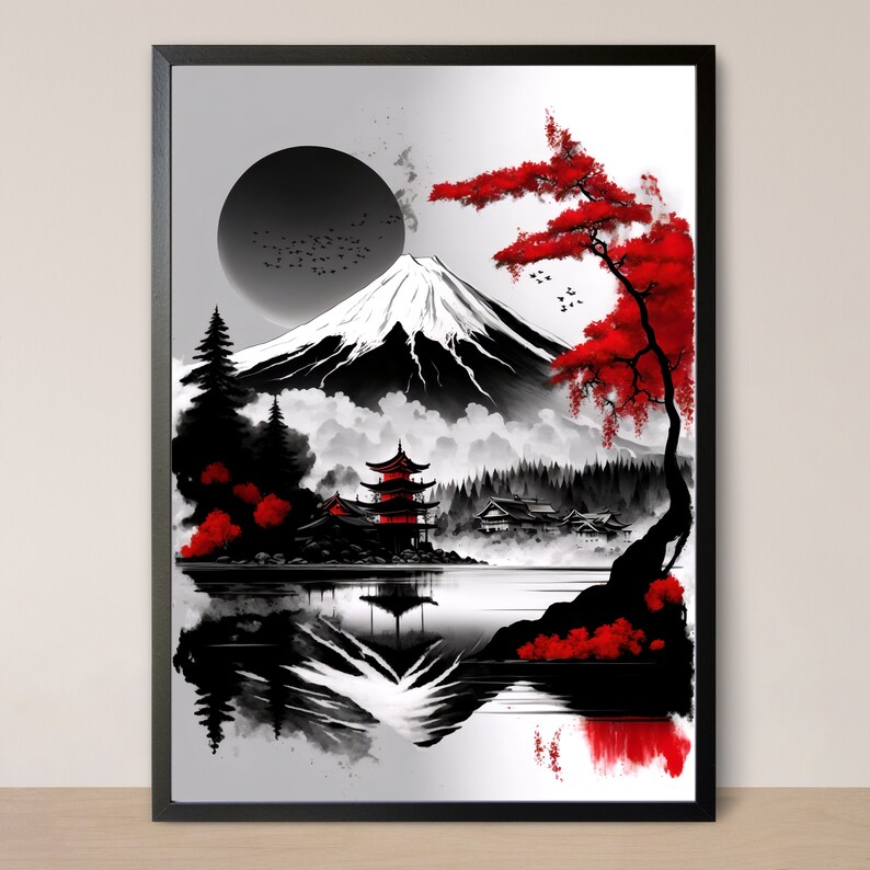 Japanese Landscape Drawing Printable Wall Art Red and Black - Etsy
