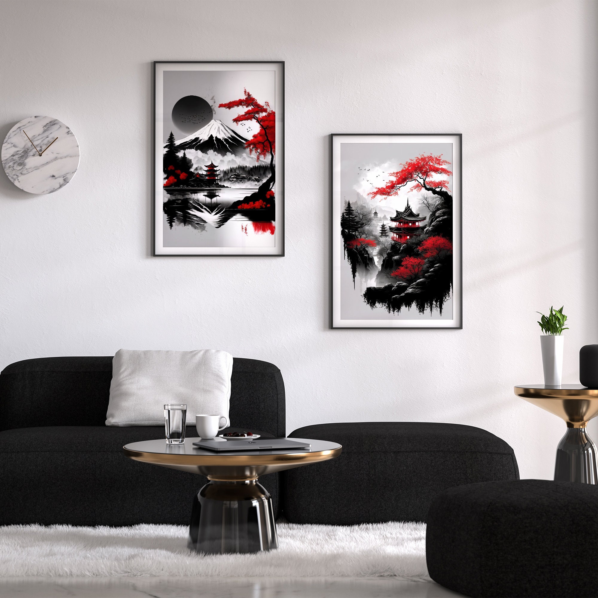 Japanese Landscape Drawing Printable Wall Art Red and Black - Etsy