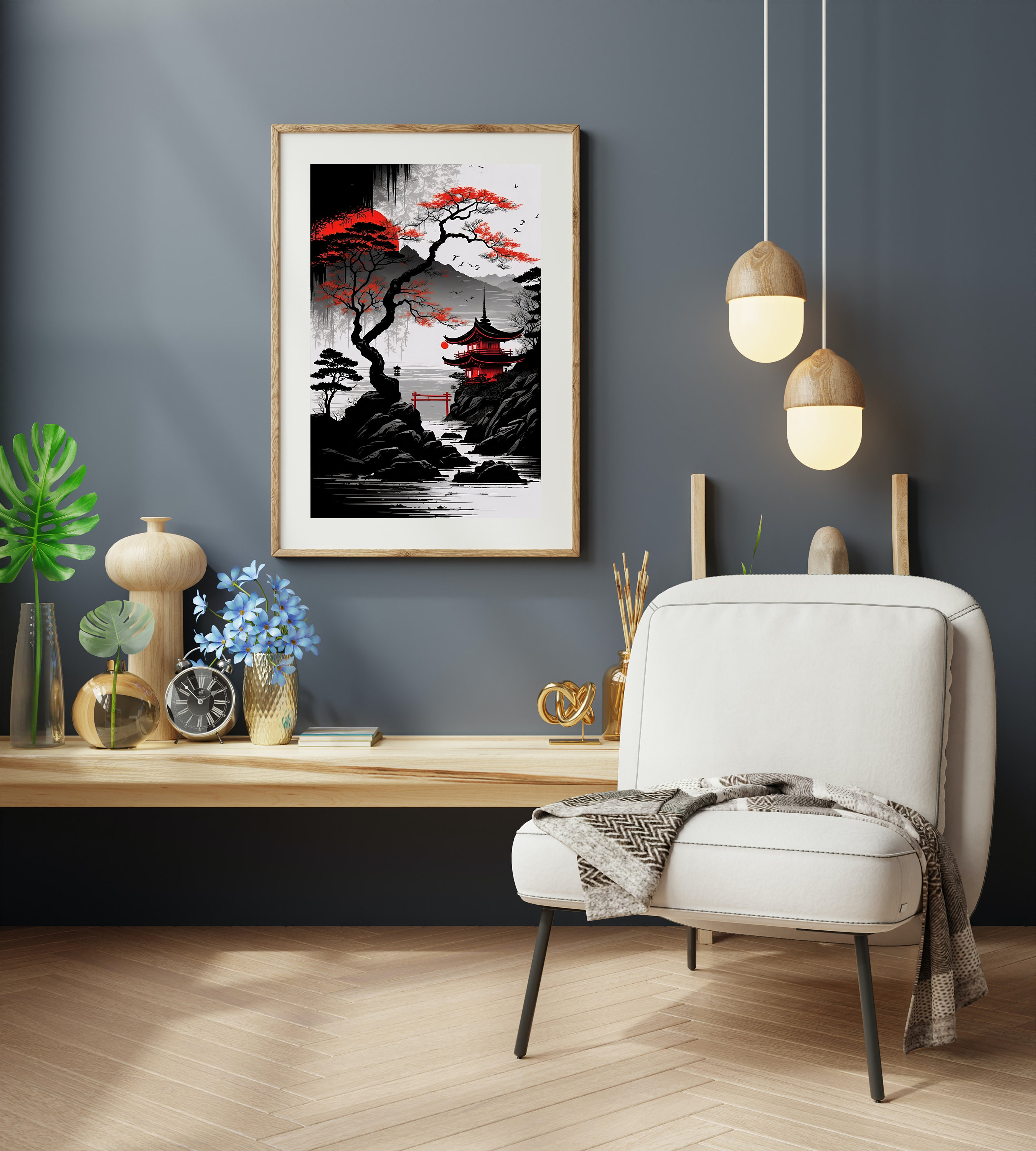 Japanese Landscape Drawing in Red, Black and White Digital Download ...