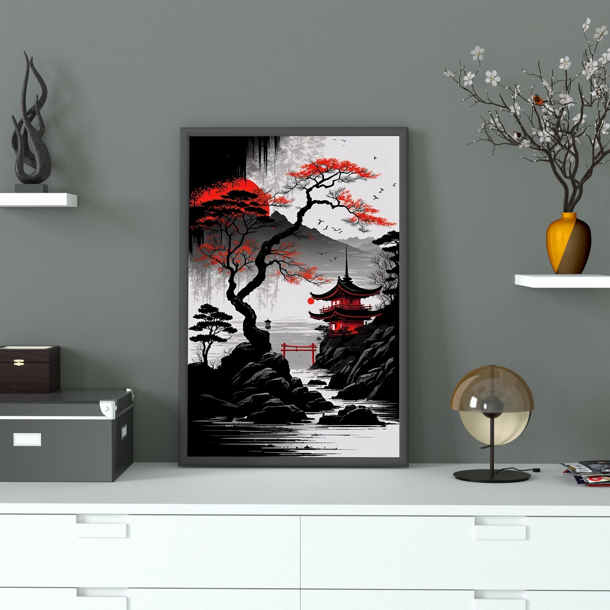Japanese Landscape Drawing in Red, Black and White Digital Download ...