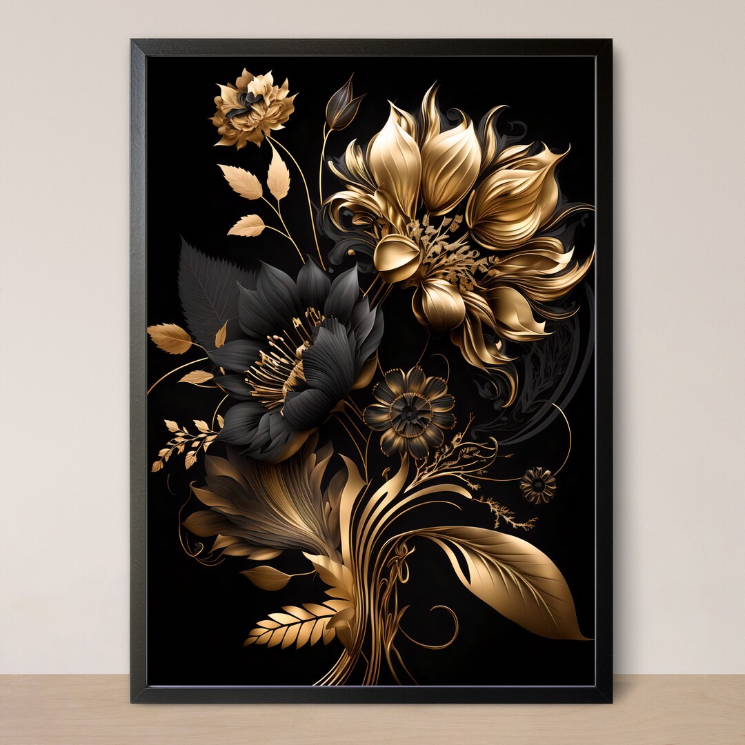 Black and Gold Flowers Printable Wall Art, Instant Download Digital ...