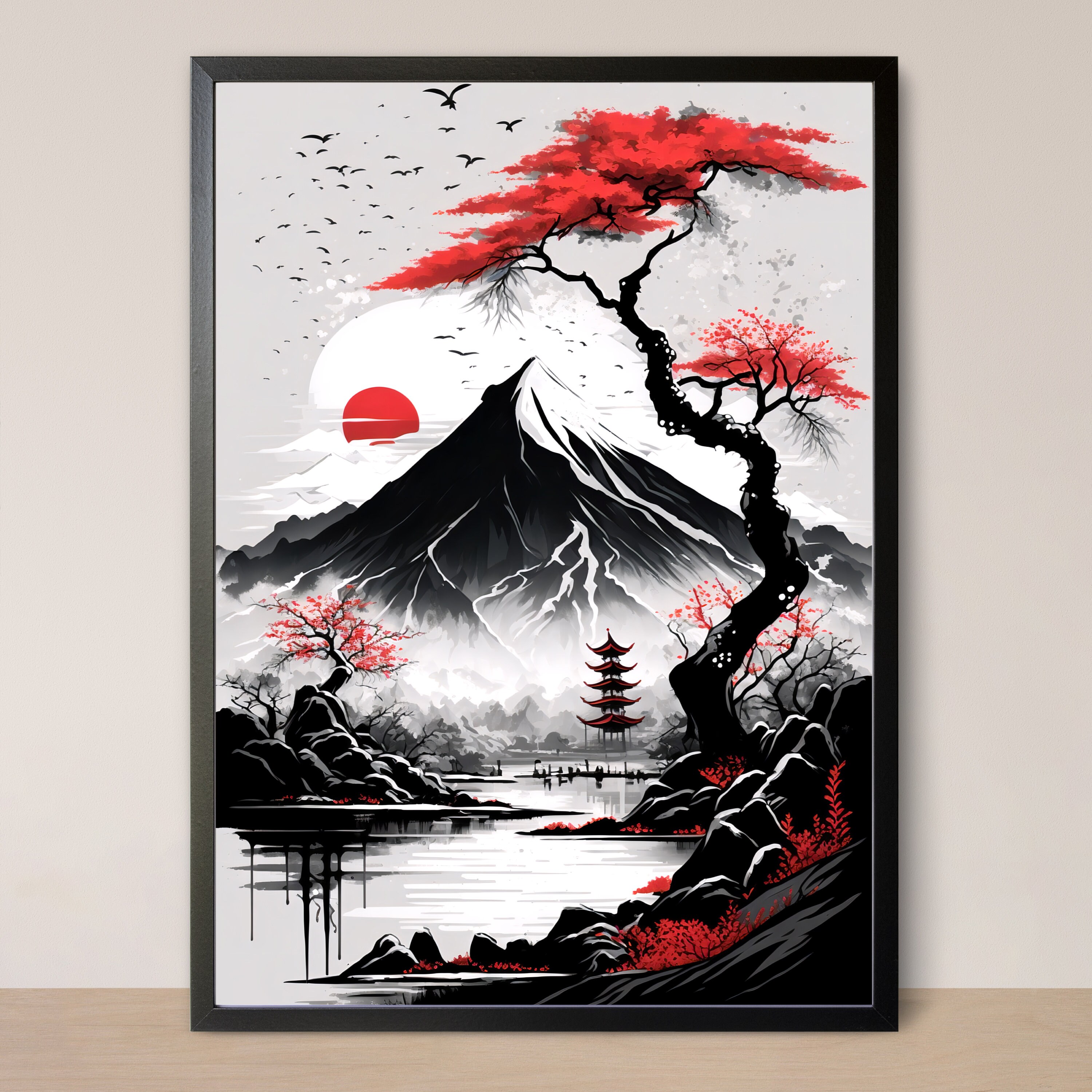 Japanese Landscape Drawing in Red, Black, and White Digital Download ...