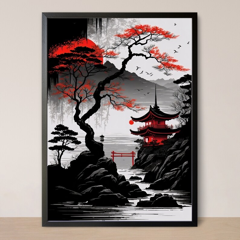 Japanese Landscape Drawing in Red, Black and White Digital Download ...