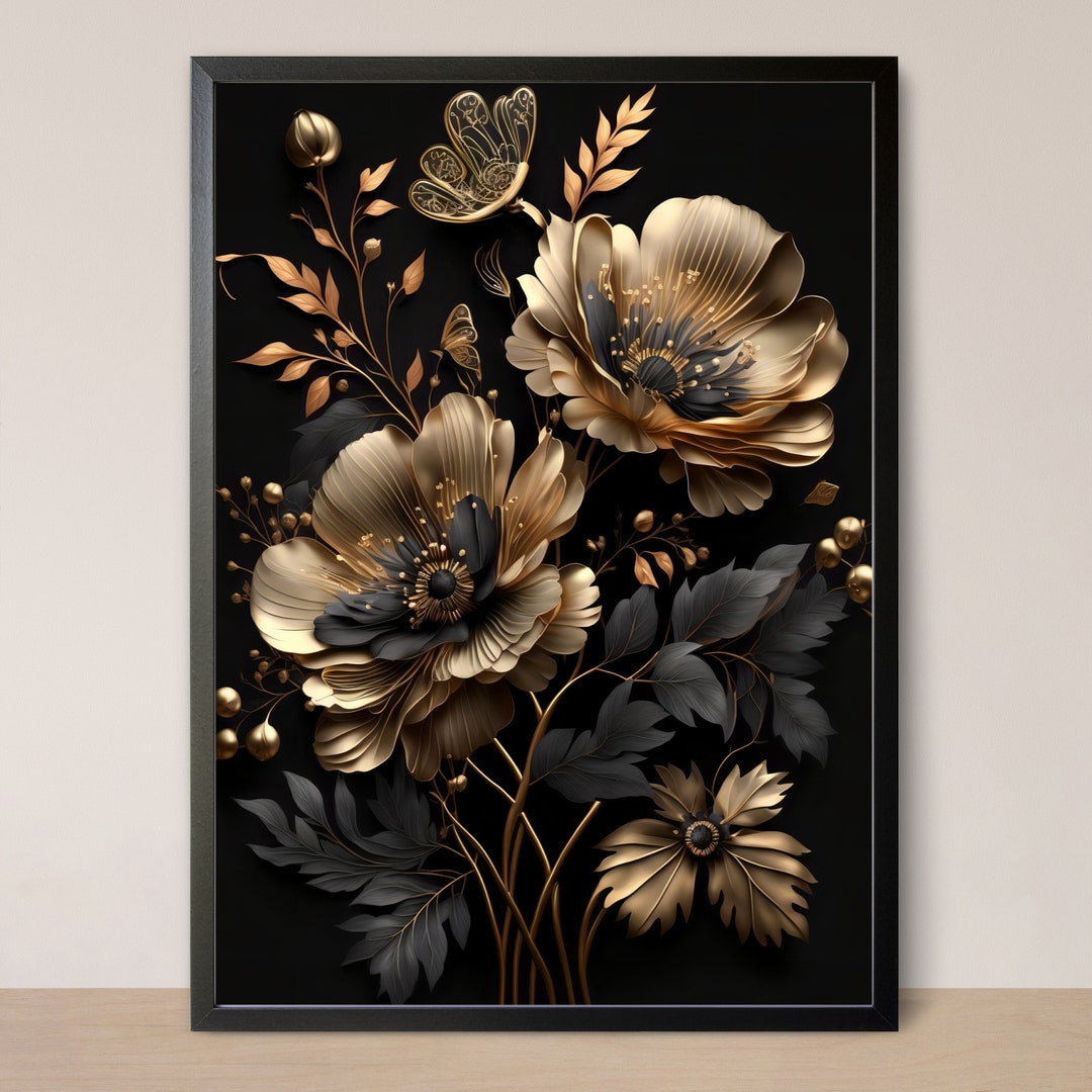 Beautiful Flowers in Black and Gold Printable Wall Art - Etsy