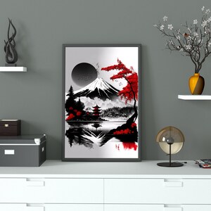 Japanese Landscape Drawing Printable Wall Art Red and Black - Etsy