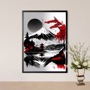 Japanese Landscape Drawing Printable Wall Art Red and Black - Etsy