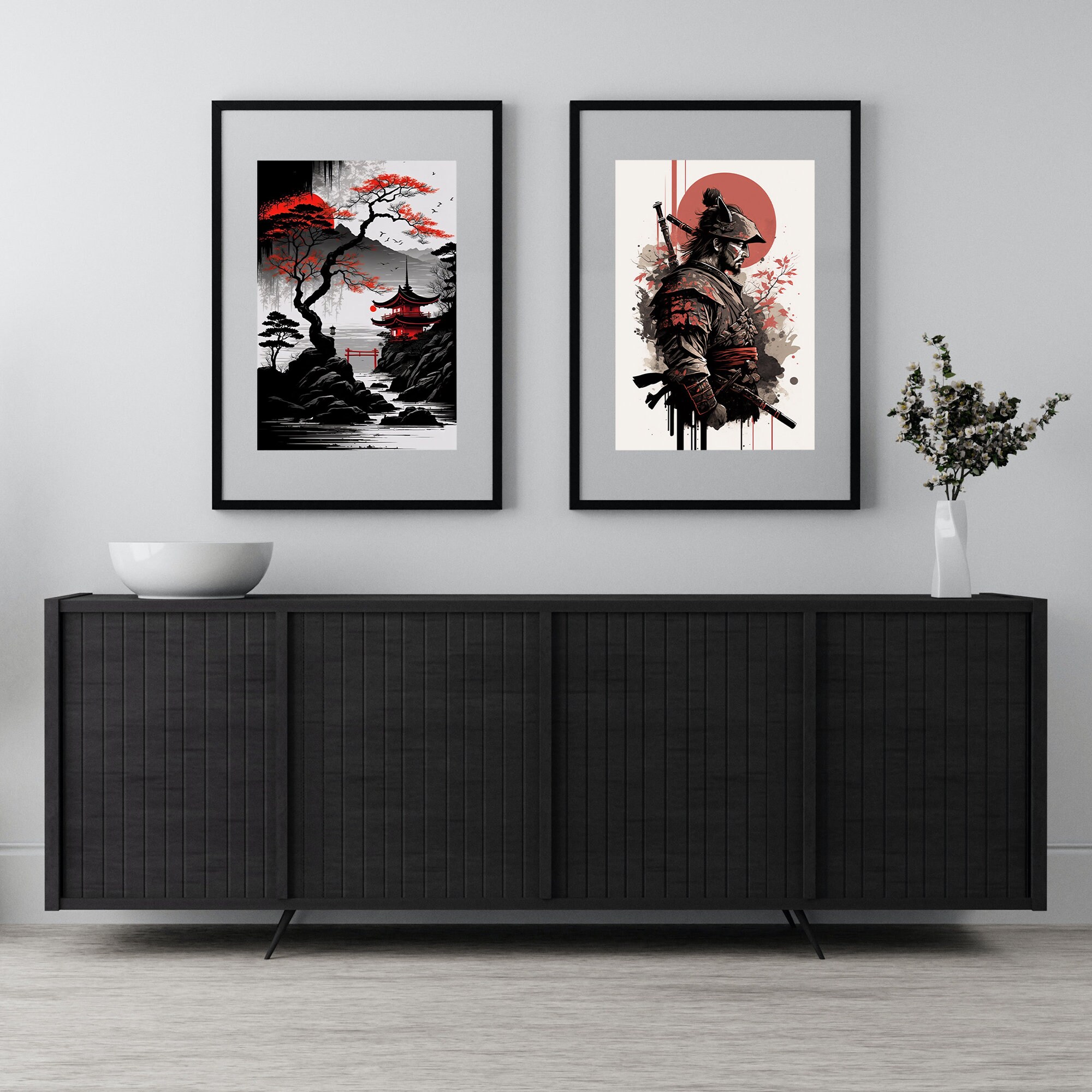 Japanese Landscape Drawing in Red, Black and White Digital Download ...