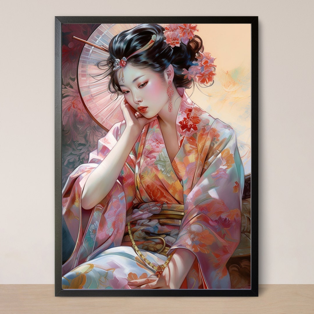 Japanese Geisha and Kimono Wall Art, Pink Floral Prints, Japanese Home ...