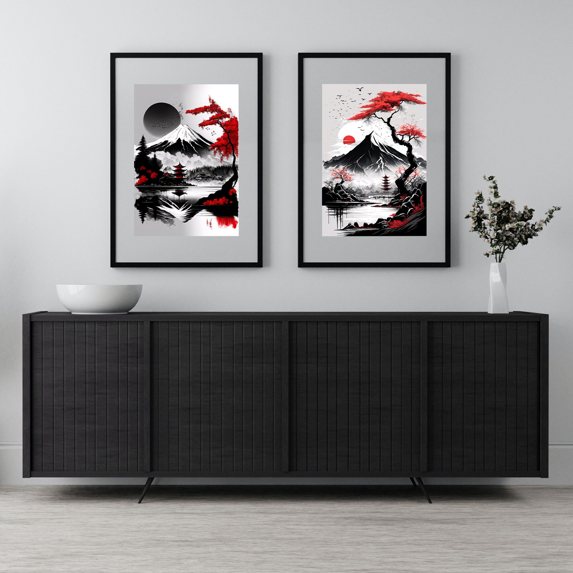 Japanese Landscape Drawing Printable Wall Art Red and Black - Etsy