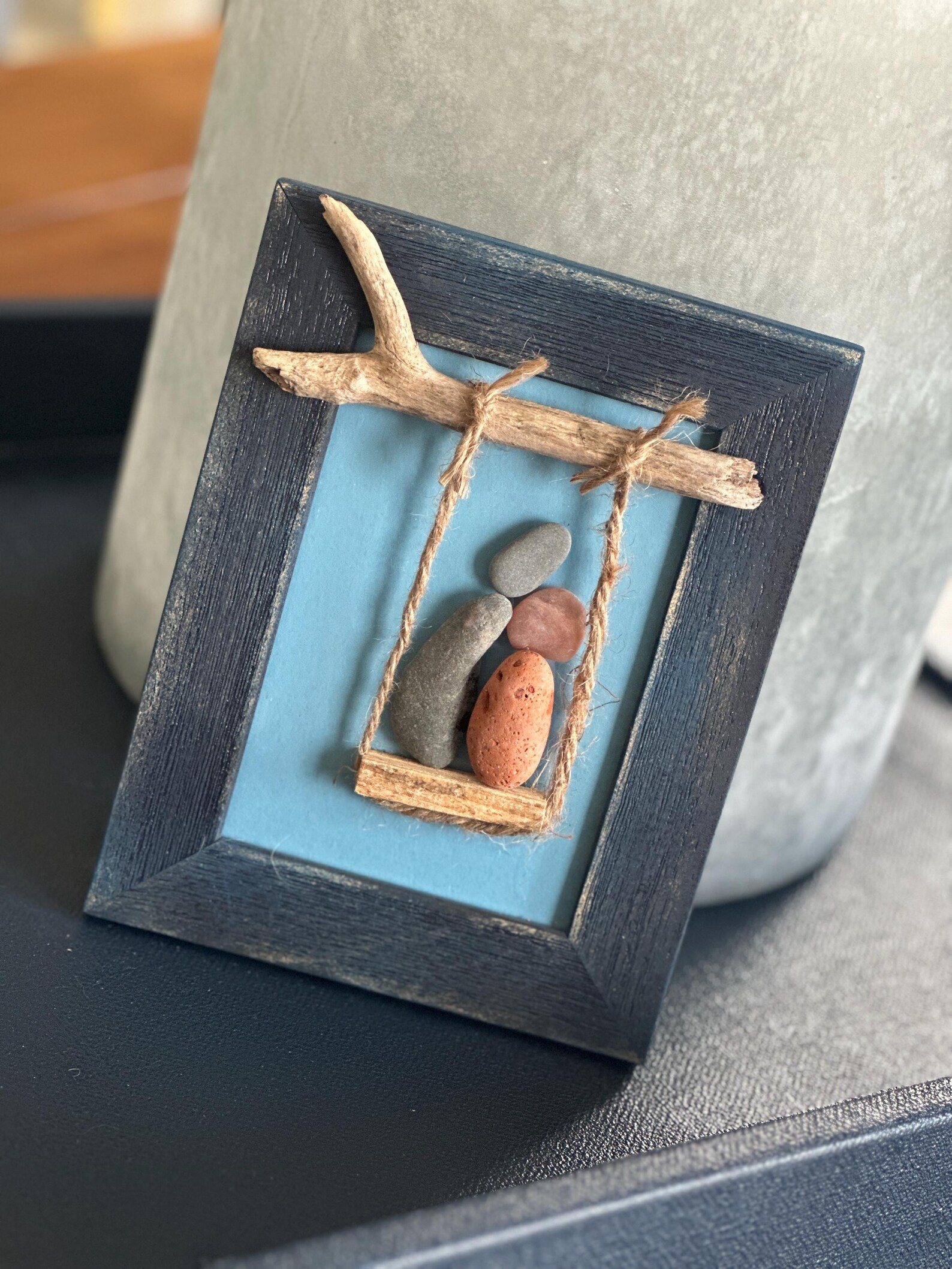 Pebble Art, Couple on Swing, Driftwood Swing With Cozy Couple, Framed ...