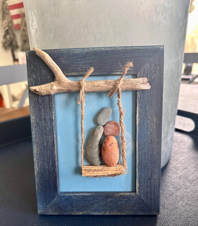 Pebble Art, Couple on Swing, Driftwood Swing With Cozy Couple, Framed ...