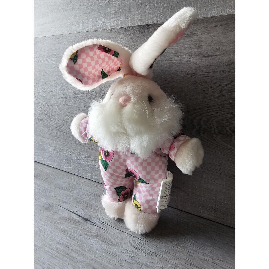 Vintage Pink Bunny Rabbit Plush Stuffed Animal Bow & Pansy Checkered ...