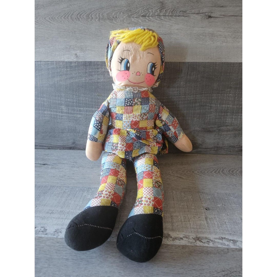 Vintage LARGE Prairie Rag Doll Yarn Hair Patchwork Dress Bonnet 24 ...