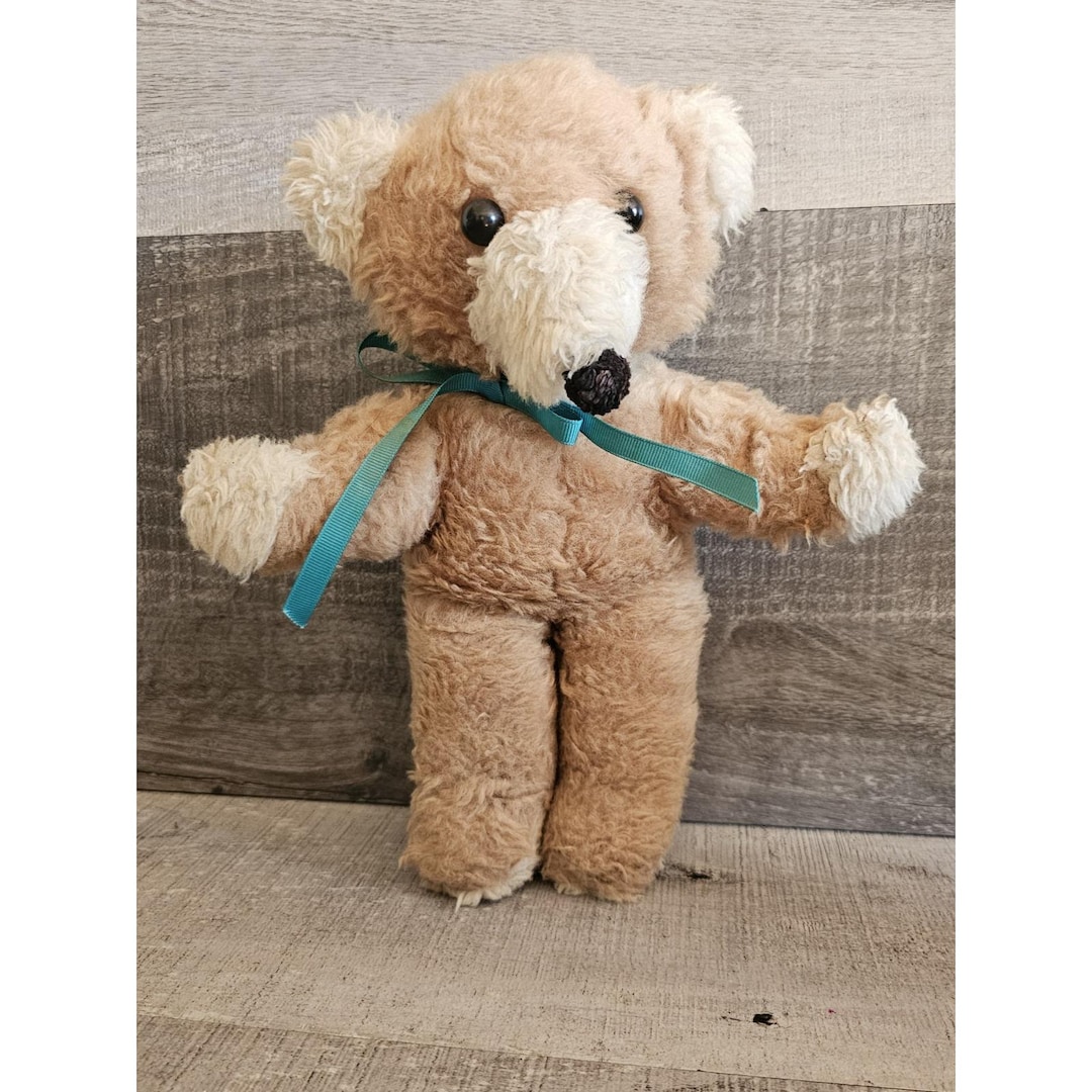 Vintage 1970s Tan Teddy Bear Green Bow Tie Standing Plush Stuffed ...