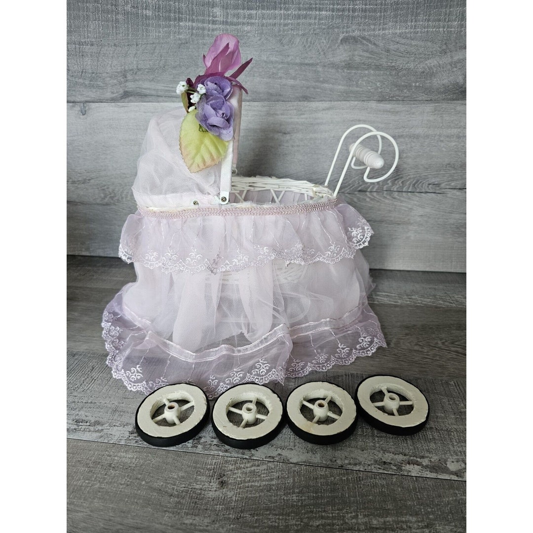 Vintage Wire Baby Carriage Pram Purple Flowers Floral Lace Frilly 11x12 ...