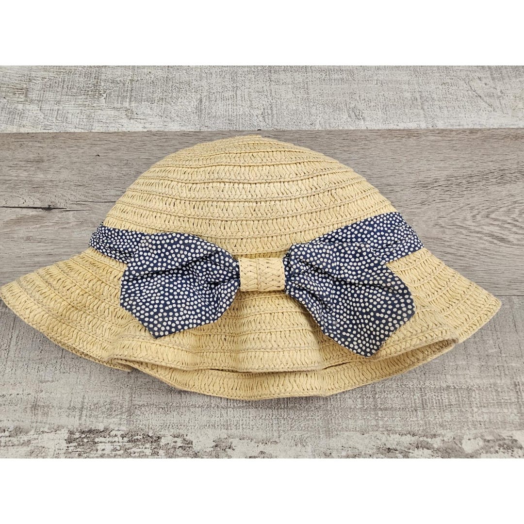 Straw Beach Sun Hat Girls 49cm 2-3T Wide Brim Blue Bow Floppy Outdoor ...