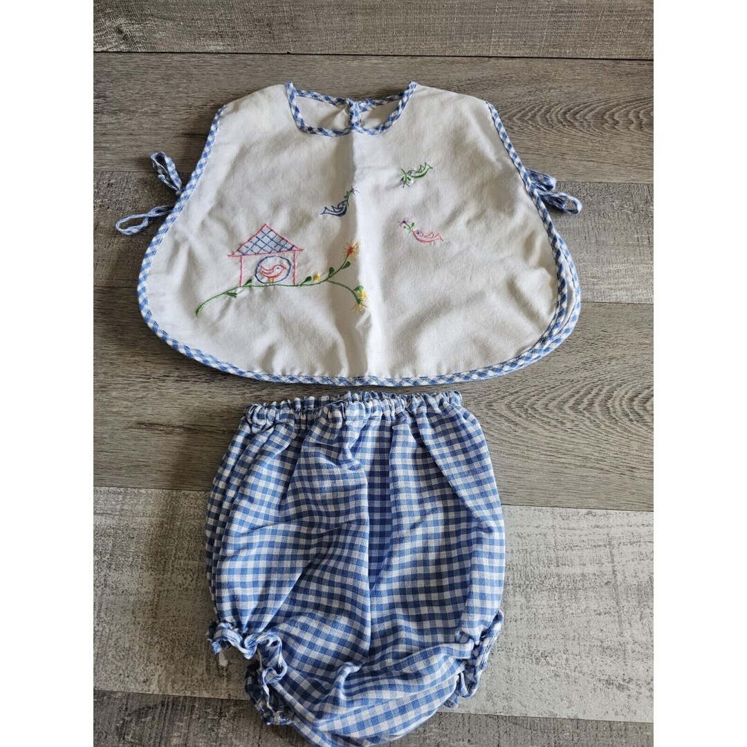 Vtg 90s Blue Gingham Matching Embroidered Bird Outfit Girls 0-3 Months ...