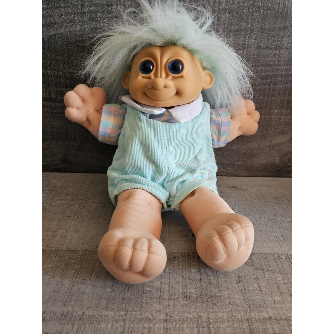 Vintage Russ Troll Kidz Plush Doll 90s Blue Hair 12” Green Overalls ...
