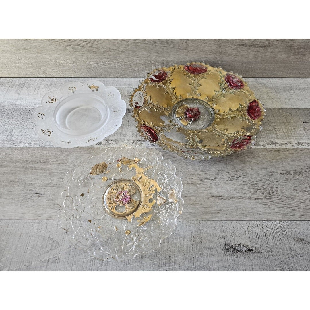 Vintage 10" Goofus Glass Bowl Rose Flower Saw Tooth Edge Red Gold Paint ...