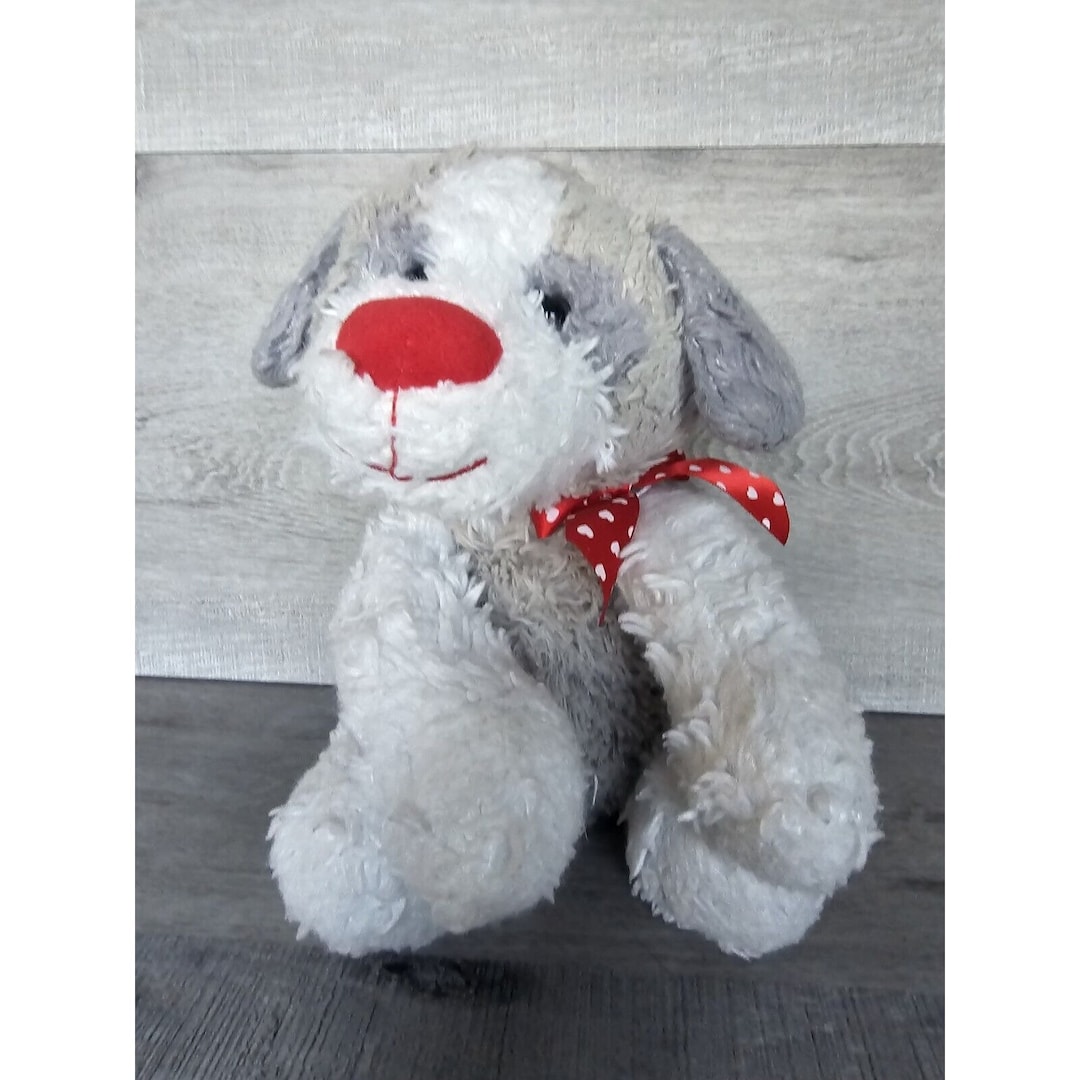 Kellytoy Gray White Puppy Dog Plush 10" Stuffed Animal Floppy Ears Red ...