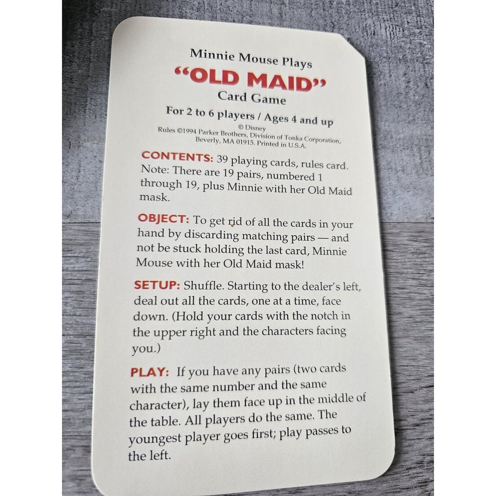 Minnie Mouse Plays Old Maid Jumbo Card Game Parker Brothers 1994 ...